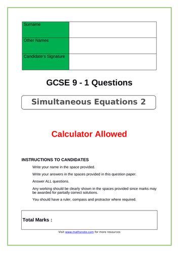 Simultaneous Equations For Gcse 9 1 Teaching Resources