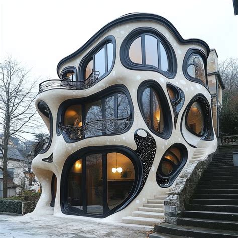 Unique Curved Architectural Facade With Organic Shapes And Artistic Windows Design Stock