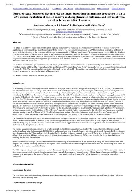 Pdf Effect Of Yeast Fermented Rice And Rice Distillers Byproduct On Methane Production In An