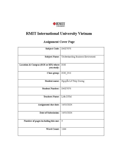 Assignment 3 Busm2565 Sgs 16 S4027078 Rmit International University Vietnam Assignment Cover