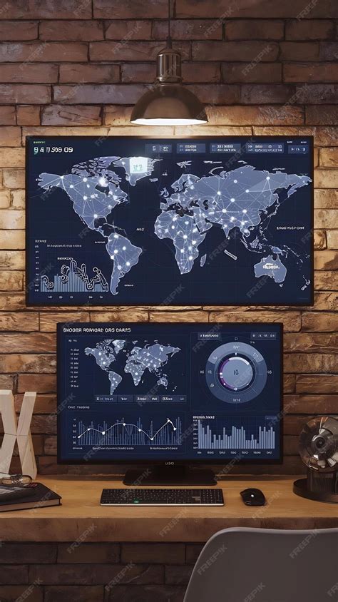 3d Render Light Monitoring Software Mockup With World Map Updating In Real Time And Graphs And