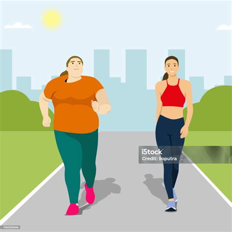 뚱뚱하고 과체중 그림 개념입니다 슬픈 우울한 뚱뚱한 과체중 여자 반대편에 서 슬림 스포티 하 고 전나무 모양 여성 벡터 일러스트 레이 션 무게에 대한 스톡 벡터 아트 및