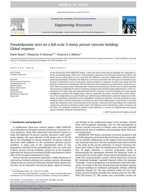 Pdf Pseudodynamic Tests On A Full Scale 3 Storey Precast Concrete Building Global Response