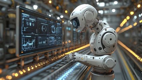 Ai Driven Humanoid Robot Analyzing Data On Digital Display Stock