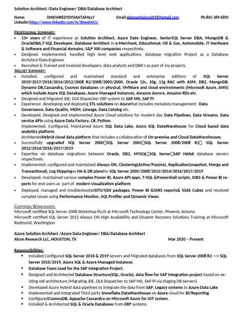 dinesh data engineer dba architect pdf microsoft sql server databases