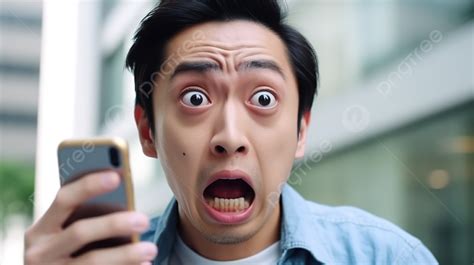 Man Making A Surprised Face While Holding His Phone Background A Man Waking Up Surprised To See
