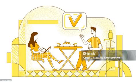 성공적인 면접 플랫 실루엣 벡터 일러스트 Hr 관리자와 후보는 노란색 배경에 문자를 간략하게 설명합니다 비즈니스 미팅 고용 협상