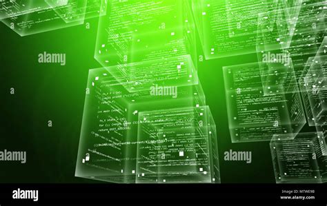 an ultramodern 3d illustration of crystalline program code boxes flying
