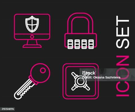 Set Line Safe Key Combination Lock And Computer Monitor And Shield Icon Vector Stock