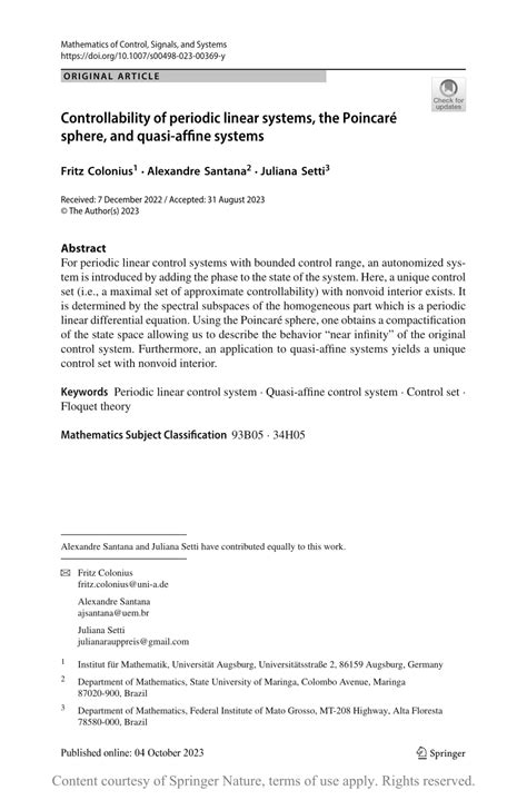 Pdf Controllability Of Periodic Linear Systems The Poincaré Sphere And Quasi Affine Systems