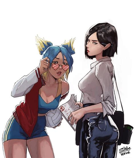 Two Cartoon Characters Are Standing Next To Each Other And One Has Her Arm Around The Other S