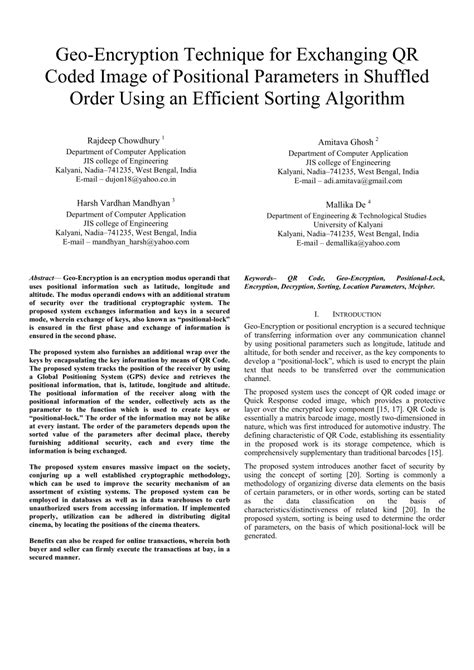 PDF GEO ENCRYPTION TECHNIQUE FOR EXCHANGING QR CODED IMAGE OF POSITIONAL PARAMETERS IN