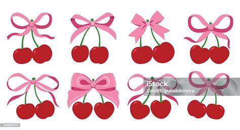 선물 리본이 달린 요염한 체리 핑크 가리 빈티지 활과 체리의 벡터 그림 리본이 달린 체리 귀여운 트렌디한 라인 아트 세트 리본이 분리되어 있습니다 트렌디한 여자 액세서리