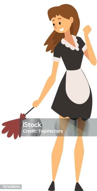 먼지 떨이와 서 있는 웃는 메이드 검은 드레스와 흰색 앞치마 벡터 일러스트와 함께 클래식 유니폼을 입고 하 녀 캐릭터 가사 집안일에 대한 스톡 벡터 아트 및 기타 이미지