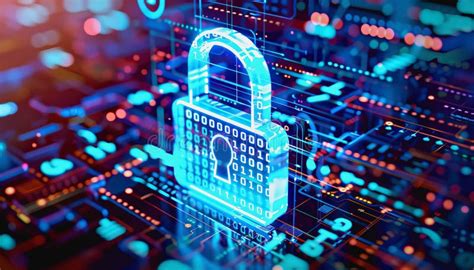 Neon Lit Padlock With Data Lines And Binary Code In Digital Space Stock
