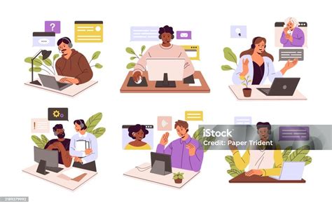 콜 센터 개념 집합의 운영자 헬프 데스크 직원 헤드폰의 핫라인은 고객을 돕습니다 기술 지원 서비스는 고객과 소통합니다 흰색에 평평한 고립 된 벡터 일러스트 레이 션