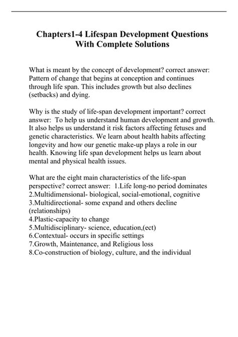 Chapters1 4 Lifespan Development Questions With Complete Solutions Lifespan Development