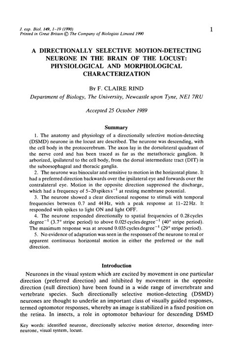 Pdf A Directionally Selective Motion Detecting Neurone In The Brain Of The Locust
