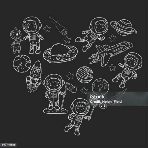 유치원 공간 천문학 수업 어린이 학교 아이 들 그림 Ufo 외계인 달 표면 지구 목성 토성 화성 벡터 낙서 아이콘 18 19세에 대한 스톡 벡터 아트 및 기타 이미지