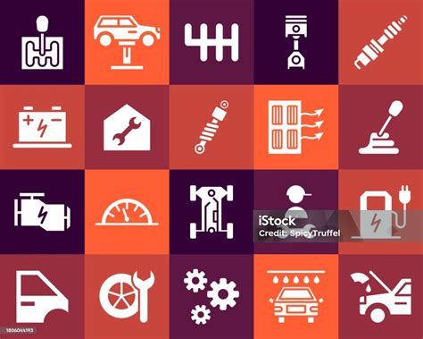 자동차 서비스 기어 브레이크 아이콘 휠 타이어 자동 피스톤 엔진 오일 자동 키 및 스패너 자동차 수리 작업장 차량 전기 축전지