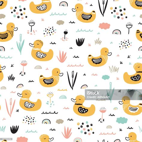 귀여운 아기 오리와 원활한 패턴 새와 아기 배경 연못에서 작은 오리가 수영합니다 벡터 일러스트레이션 오리 물새에 대한 스톡 벡터 아트 및 기타 이미지 Istock
