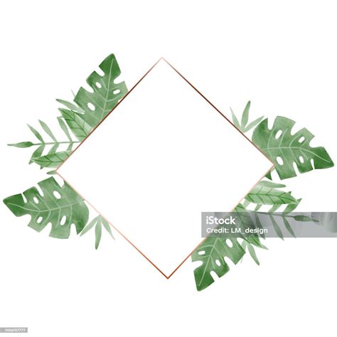 열대 나뭇잎 마름모 프레임 수채화와 로즈 골드 정글은 프레임을 나뭇잎 몬스 테라 야자 잎 흰색 배경에 격리된 손으로 그린 그림 웨딩 엽서 클립 아트 로고 요소 0명에 대한