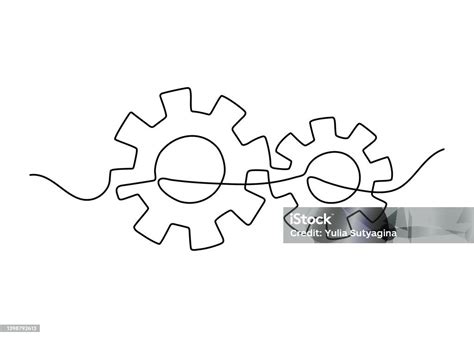 기어 휠 기호 기술 연속 한 줄 그리기 비즈니스 팀워크 개념을위한 톱니 바퀴 기어 이동 윤곽선 단일 윤곽선 벡터 일러스트 레이 션 한붓그리기에 대한 스톡 벡터 아트 및 기타