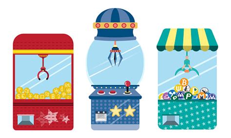 인형 캐비닛 비즈니스 개념 발톱 크레인 기계 게임에서 돈 흰색 배경에서 격리된 벡터 그림입니다 아이콘 집합입니다 물건을 잡는