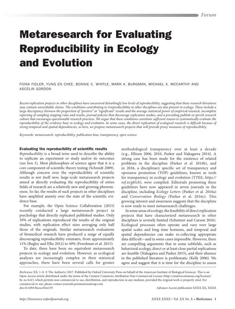 Pdf Metaresearch For Evaluating Reproducibility In Ecology And Evolution