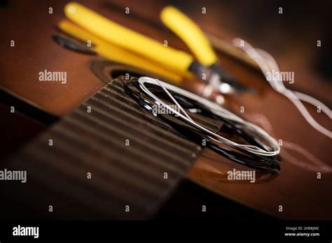 Restring Classical Guitar Concept Closeup At The New Strings Stock