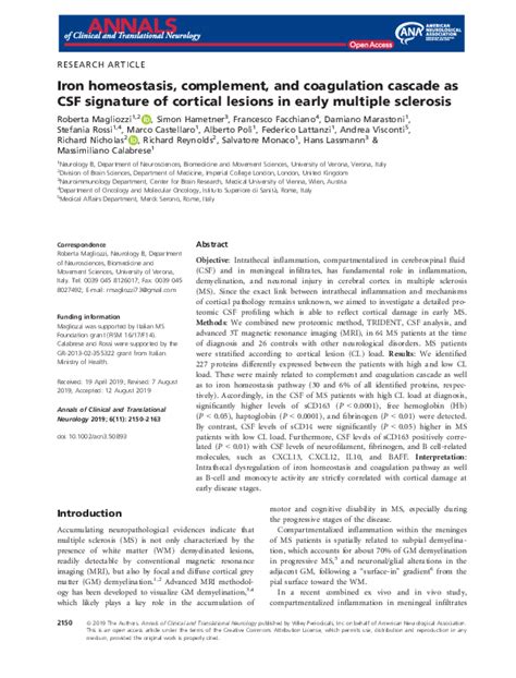 Pdf Iron Homeostasis Complement And Coagulation Cascade As Csf Signature Of Cortical Lesions