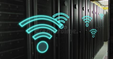 Wi Fi Signal Icons Animation Over Server Racks In Data Center Stock