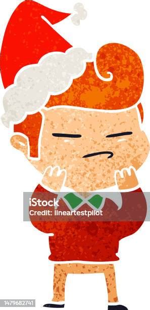 산타 모자를 쓰고 패션 머리를 잘라 멋진 남자의 손으로 그린 복고풍 만화 귀여운에 대한 스톡 벡터 아트 및 기타 이미지 귀여운 낙서 드로잉 남자 Istock