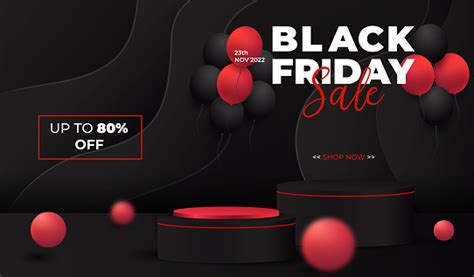 3d 현실적인 실린더 받침대 연단과 어두운 검은 색 배경에 검은 색과 빨간색 금색 풍선을 날리는 블랙 프라이데이 판매 0명에 대한 스톡 벡터 아트 및 기타 이미지 Istock