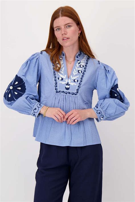 Seersucker Blouse Met Bloemen Mid Blue Zusssnl Zusss