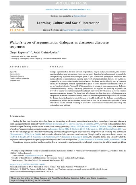 Pdf Waltons Types Of Argumentation Dialogues As Classroom Discourse