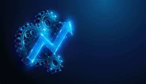 톱니바퀴 위로 낮은 폴리 화살표의 추상적 인 그림 운영 우수성을 묘사하는 파란색 기하학적 배경 와이어프레임 연결 구조에 의한 기술 혁신 생산 성장 개념 최적화 전기 모터에