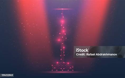 추상 벡터 일러스트 와이어 프레임 통신 신호 송신기 선과 삼각형에서 한국 무선 안테나 타워 포인트 연결 네트워크 빨간 크리스마스 배경 송수신 타워에 대한 스톡 벡터 아트 및