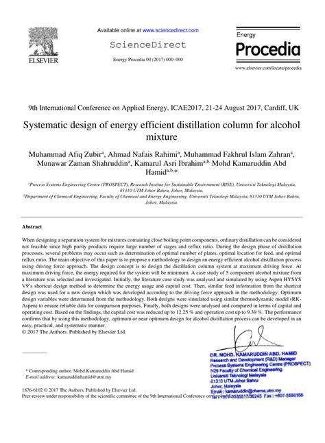 Pdf Systematic Design Of Energy Efficient Distillation Column For Alcohol Mixture