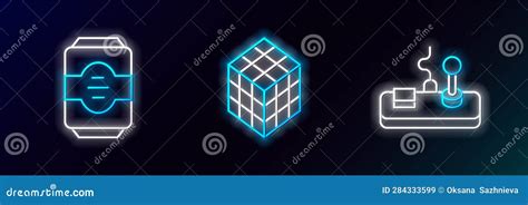 set line gamepad energy drink and rubik cube icon glowing neon