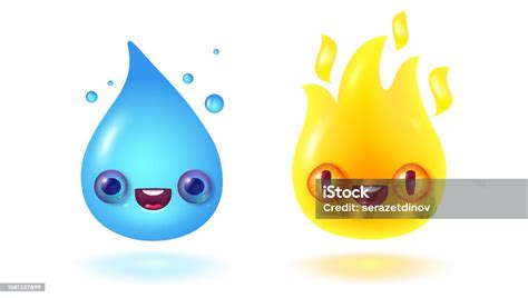 물방울과 불꽃의 벡터 그림은 귀여운 얼굴을 가진 3d 스타일입니다 사실적인 스타일의 빗방울과 불의 벡터 아이콘입니다 게임을 위한