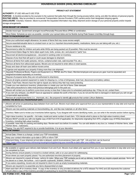 Dd Form 3157 Household Goods Hhg Moving Checklist Dd Forms