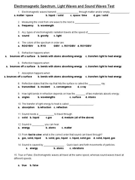 Electromagnetic Spectrum Light Waves And Sound Waves Test Pdf
