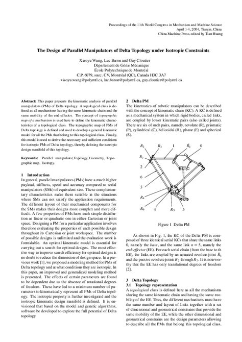 Pdf The Design Of Parallel Manipulators Of Delta Topology Under Isotropic Constraints