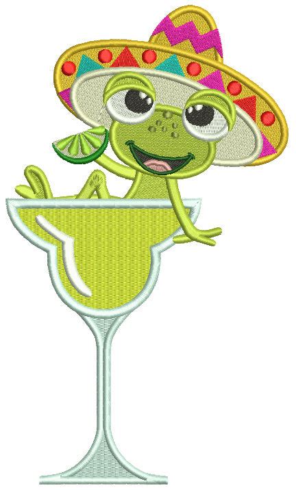 Cute Frog Wearing Sombrero Holding Lime Filled Machine Embroidery Desi