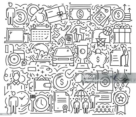직원 혜택 관련 개체 및 요소 손으로 그린 벡터 낙서 일러스트 레이션 컬렉션 손으로 그린 패턴 디자인 드로잉에 대한 스톡 벡터