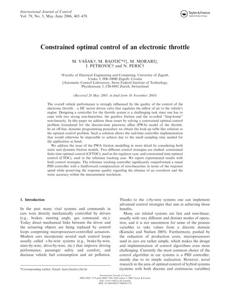 Pdf Constrained Optimal Control Of An Electronic Throttle