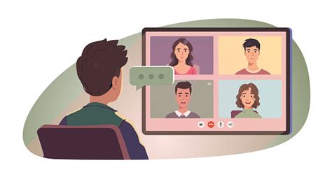 큰 컴퓨터 모니터 화면에서 화상 회의로 친구나 동료와 이야기하는 남자 온라인 채팅으로 원격으로 만나는 사람 가상 원격 통신 개념 평면 벡터 그림 가상 이벤트에 대한 스톡