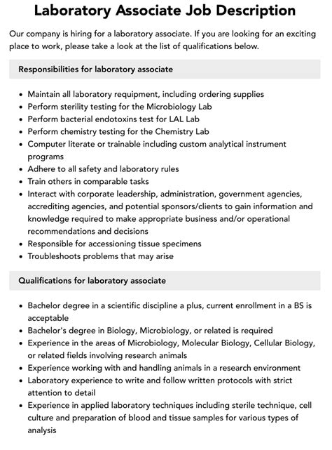 Laboratory Associate Job Description Velvet Jobs