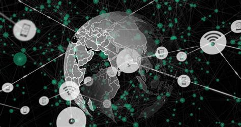 Animation Of Network Of Digital Icons Over Spinning Globe Against Black Background Stock Footage
